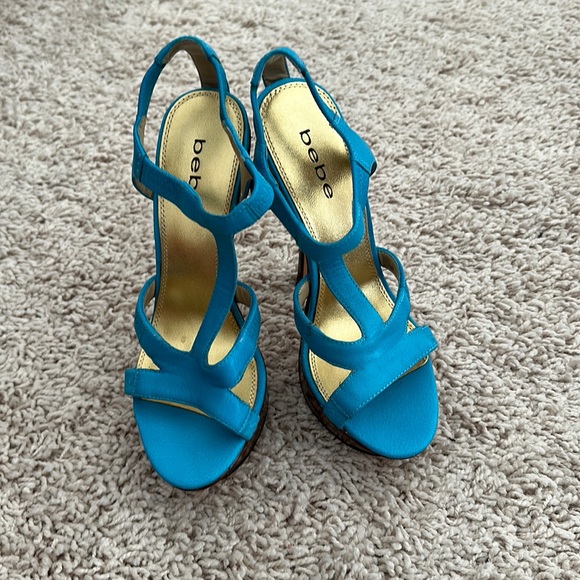 bebe | Shoes | Turquoise Blue In Tortoiseshell Heeled Sandals Platform ...